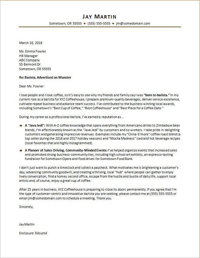 Barista Cover Letter Sample Monster Barista Cover Letter Sample Monster