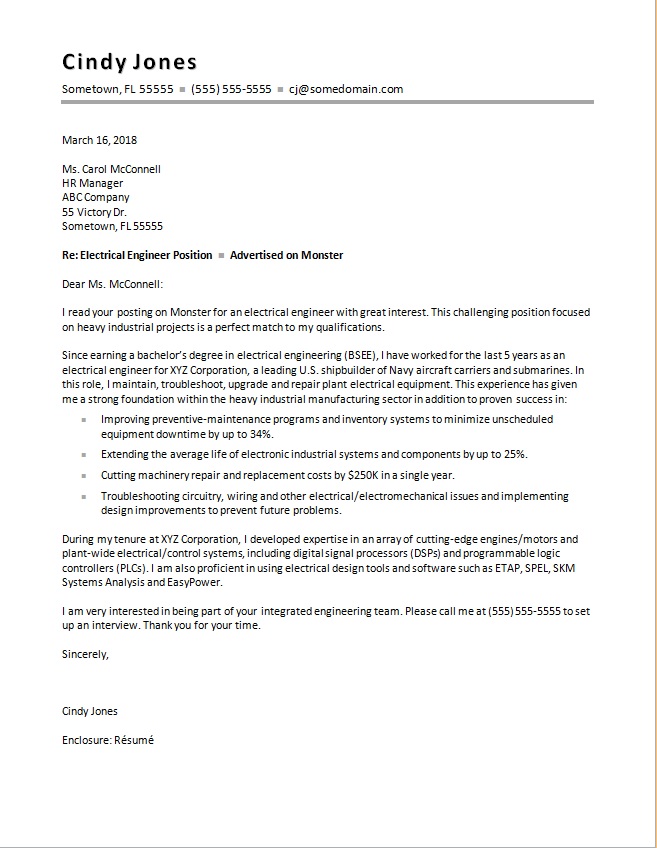 Electrical Engineering Cover Letter Sample Monster