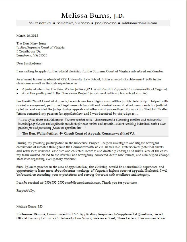 Judicial Clerkship Cover Letter Sample Monster