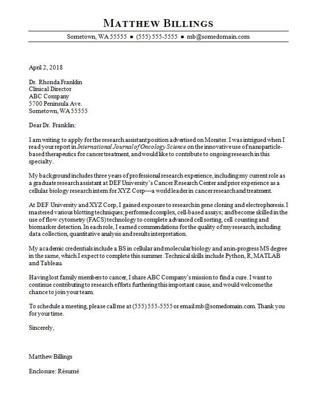 Research Assistant Cover Letter Sample Monster