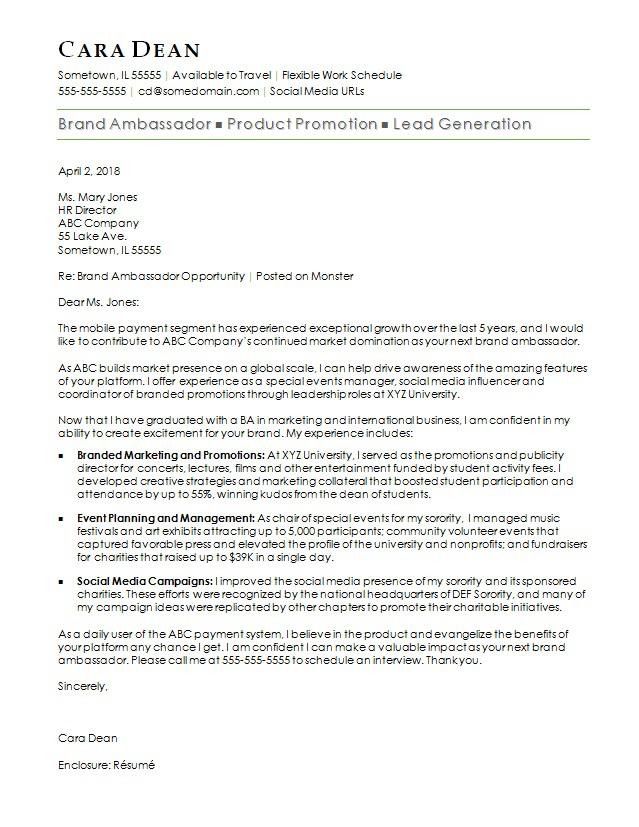 Brand Ambassador Cover Letter Sample Monster