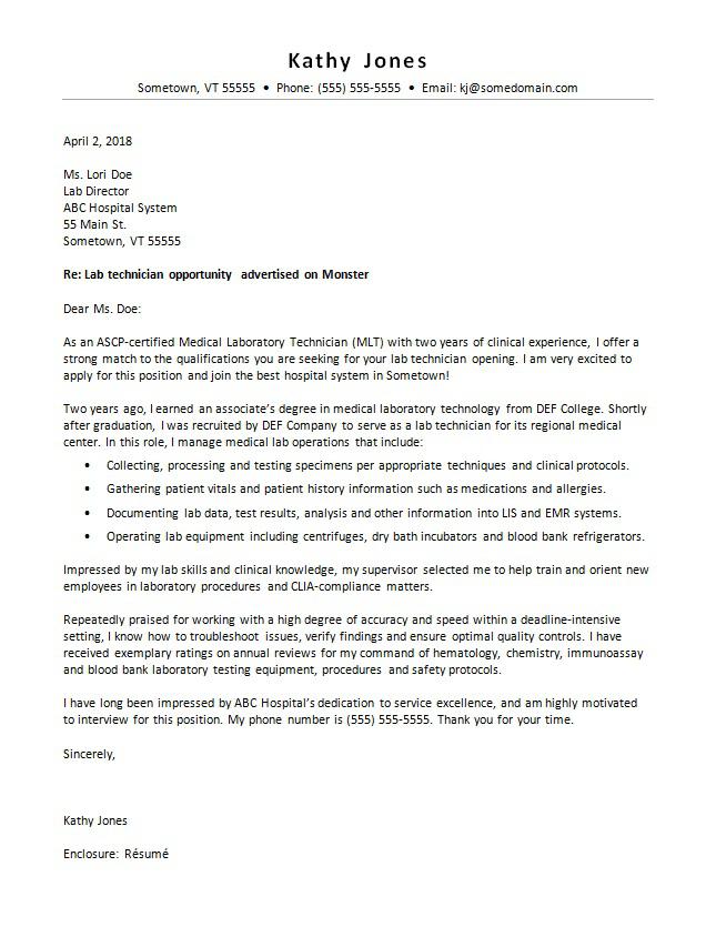 Lab Technician Cover Letter Sample Monster