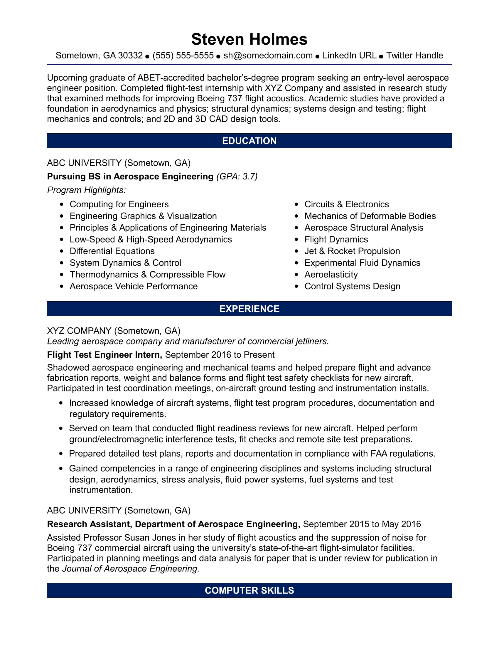 Sample Resume For An Entry Level Aerospace Engineer Monster