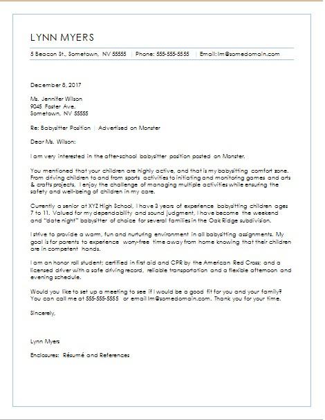 Babysitter Cover Letter Sample Monster