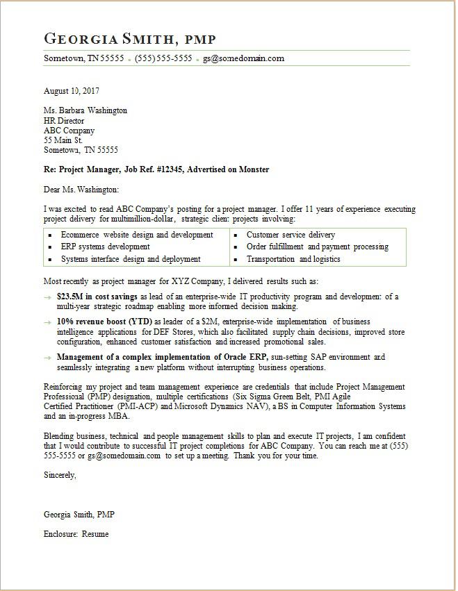 Project Manager Cover Letter Sample Monster