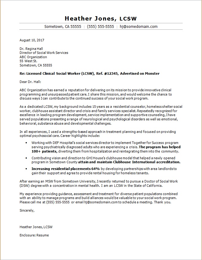Social Work Cover Letter Sample Monster