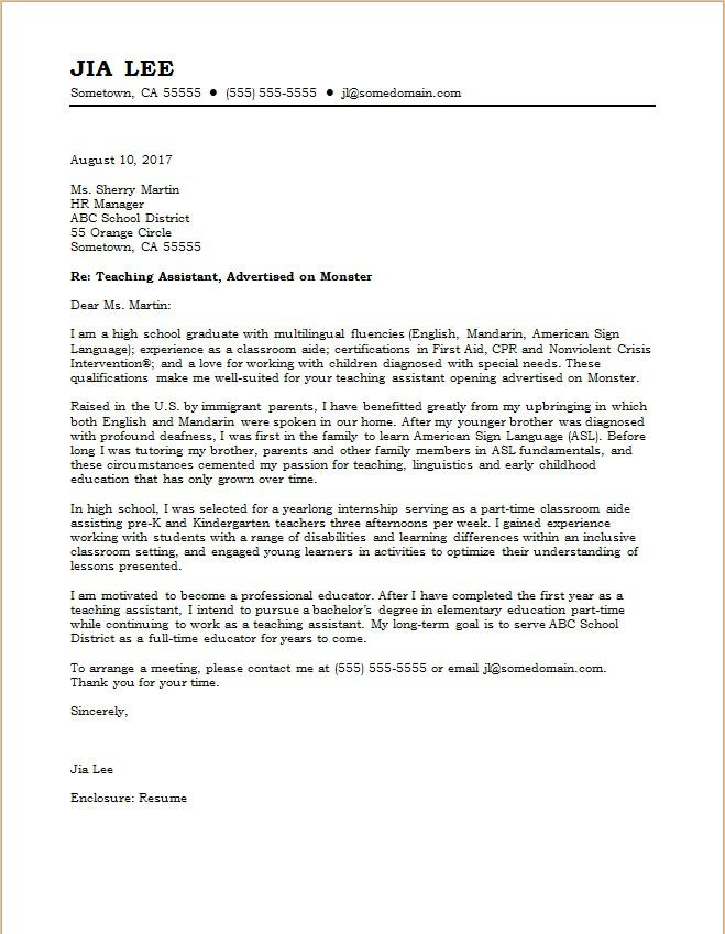 Cover Letter Example Teacher Home Work