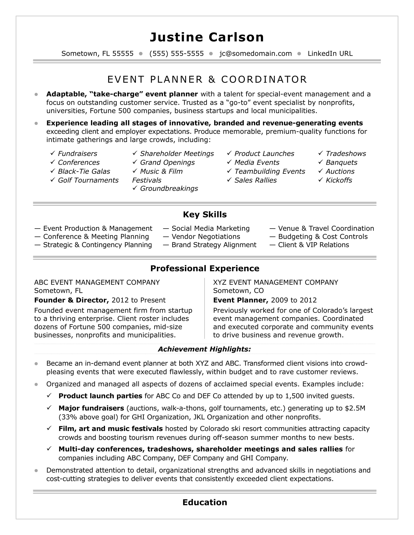 Event Coordinator Resume Sample Monster
