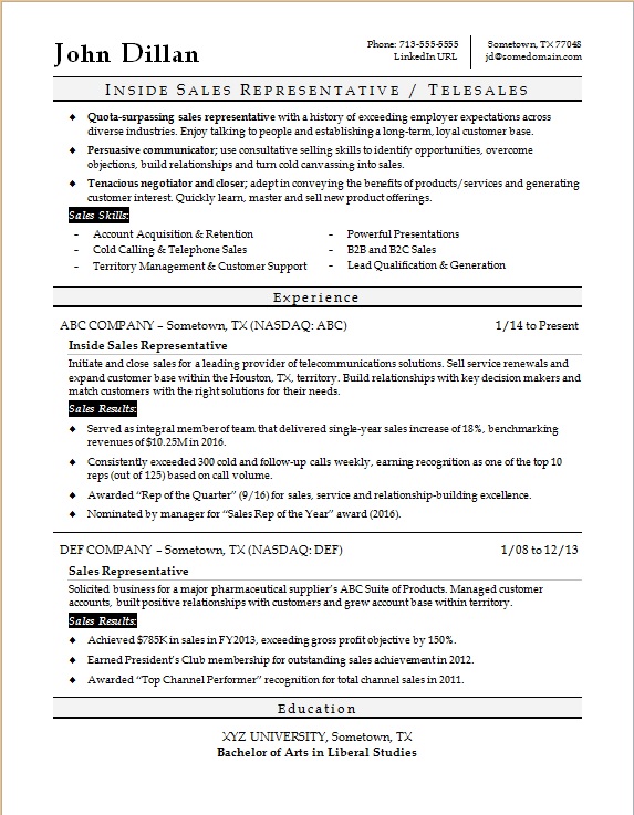 Inside Sales Resume Sample Monster