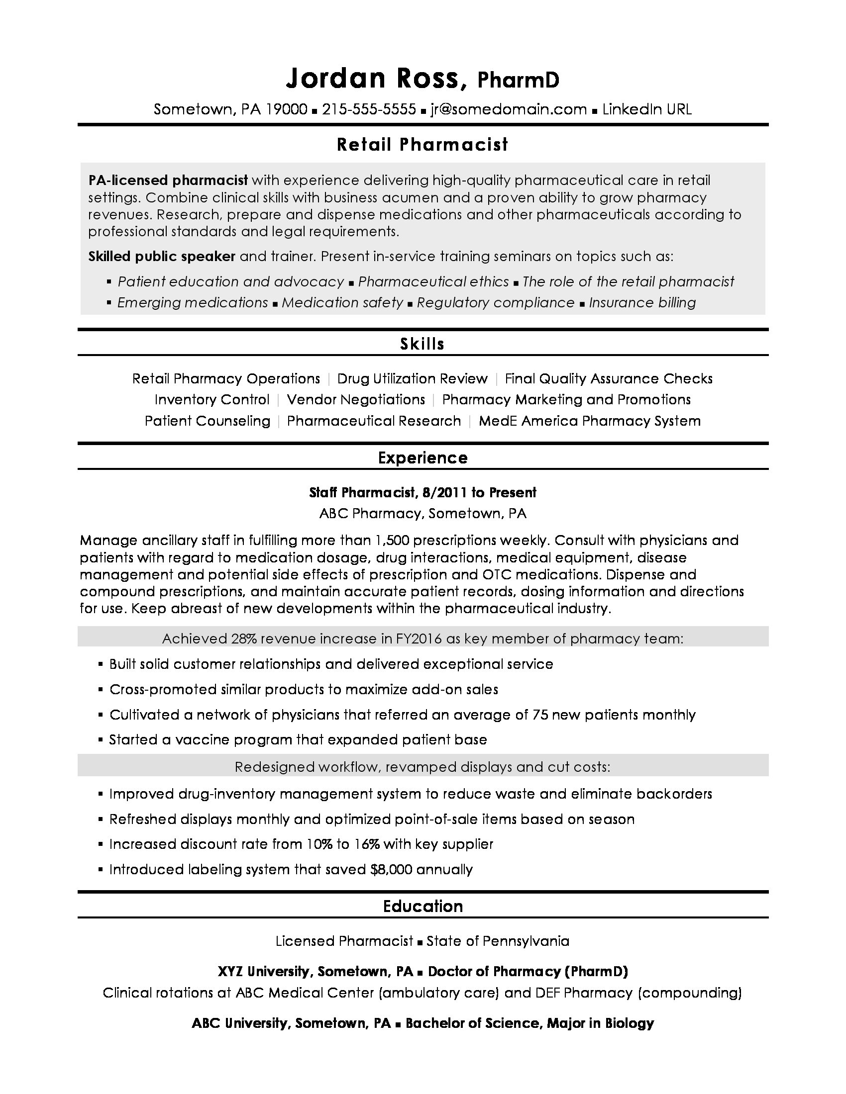 Pharmacist Resume Sample Monster