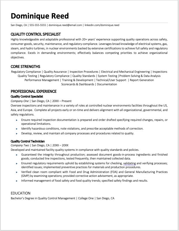 Quality Control Resume | Monster.com